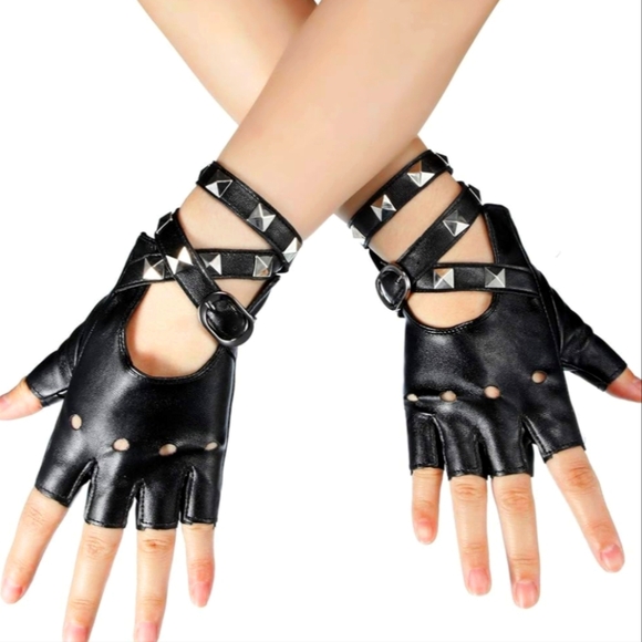 Accessories | Vegan Leather Half Finger Gloves With Pyramid Rivet Wrap ...